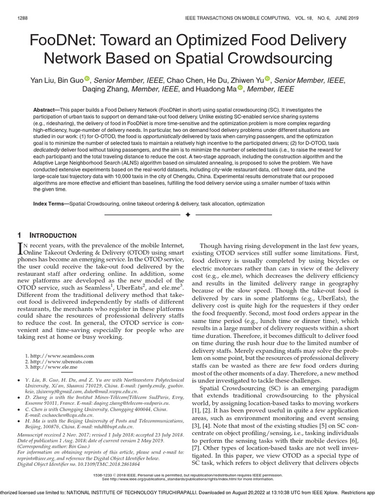 Foodnet: Toward An Optimized Food Delivery Network Based On Spatial Crowdsourcing | PDF ...