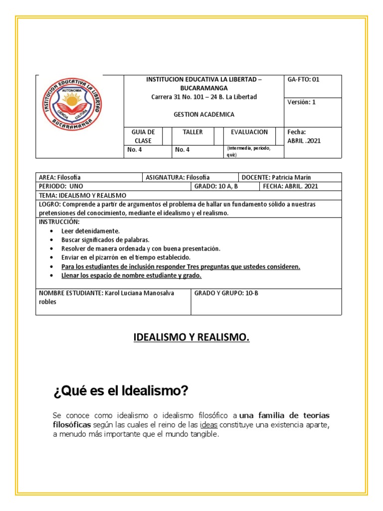 PERIODO UNO GUIA 4 GRADO 10 IDEALISMO Y REALISMO FILOSOFICO - FILOSOFIA ...