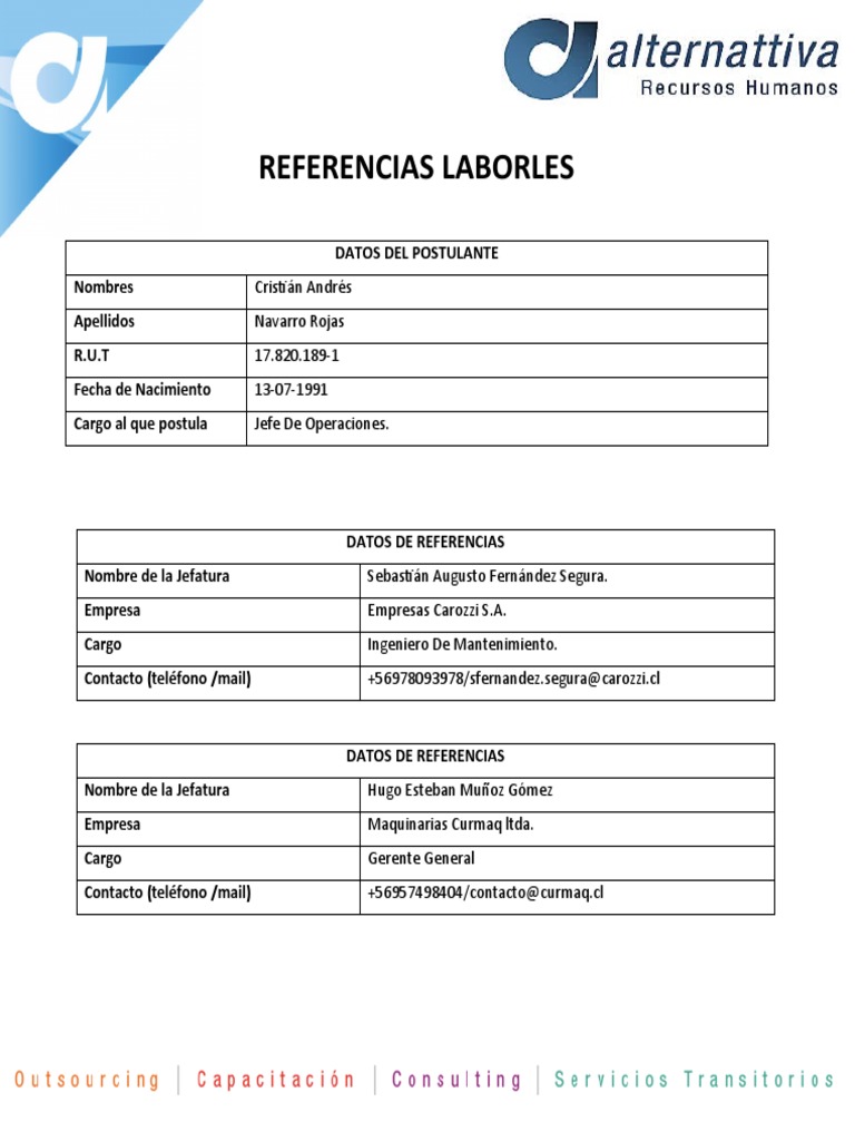 Ficha de Solicitud Referencias Laborales Cristián Navarro Rojas | PDF