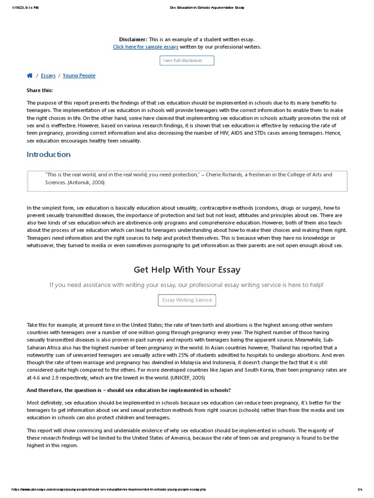 Sex Education In Schools Argumentative Essay Pdf Sex Education