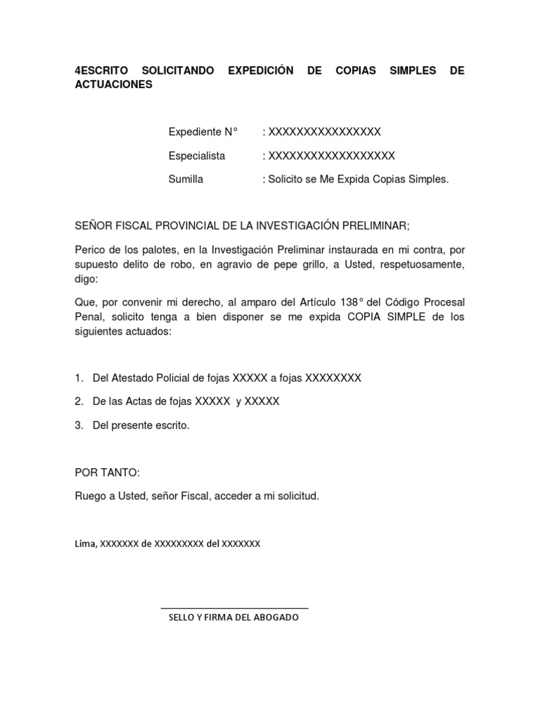 4escrito Solicitando Expedición de Copias Simples de Actuaciones | PDF ...