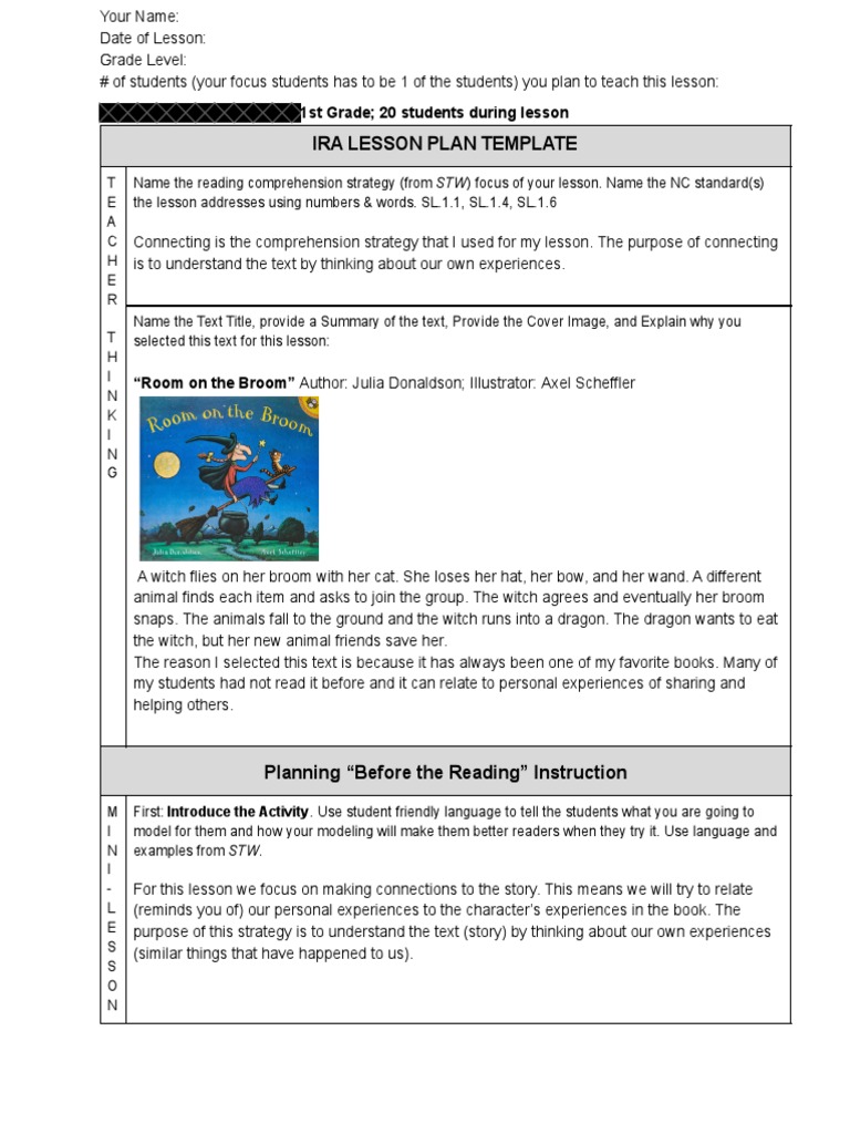 Room on the Broom Lesson Plan | PDF | Reading Comprehension | Learning