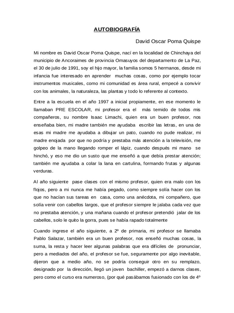 Autobiografía de David Oscar Poma | PDF | Estudios de idiomas extranjeros