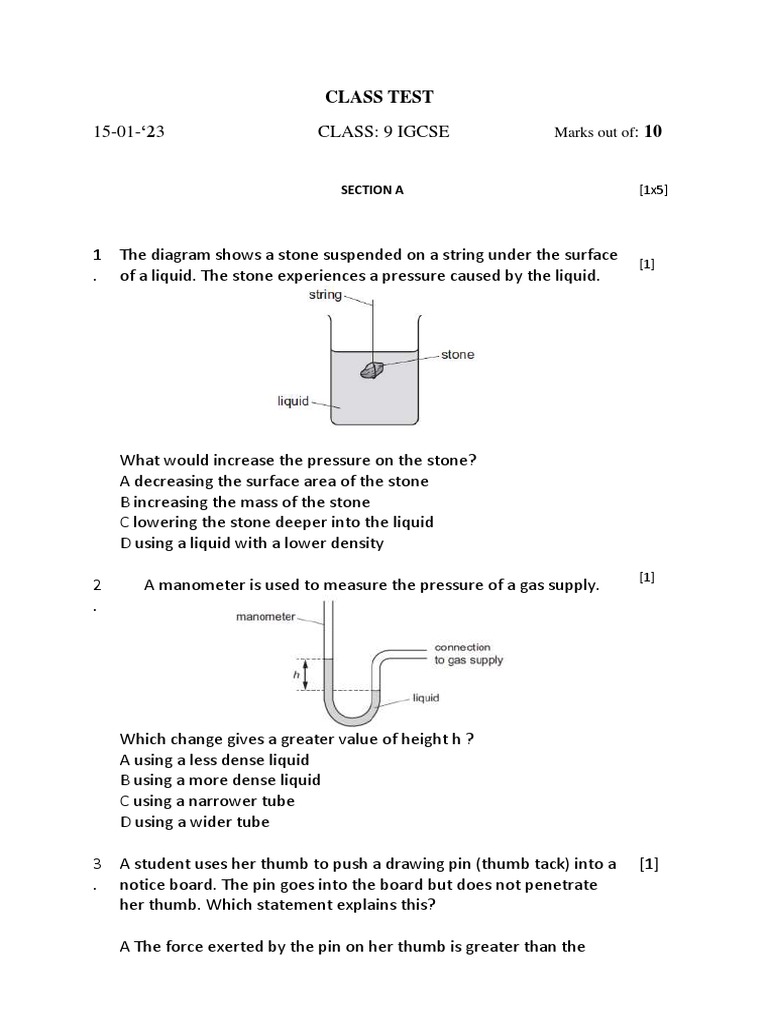 IGCSE Class 9 Pressure Test Questions | PDF | Teaching Methods & Materials