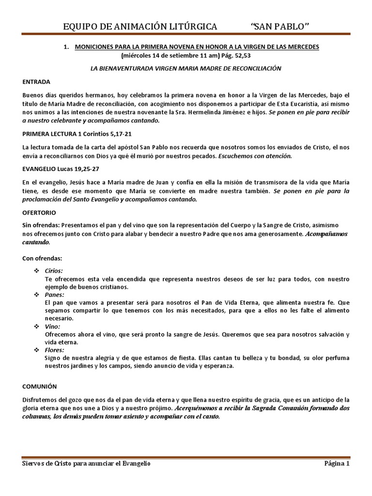 Moniciones para La Festividad de Virgen de Las Mercedes | PDF ...