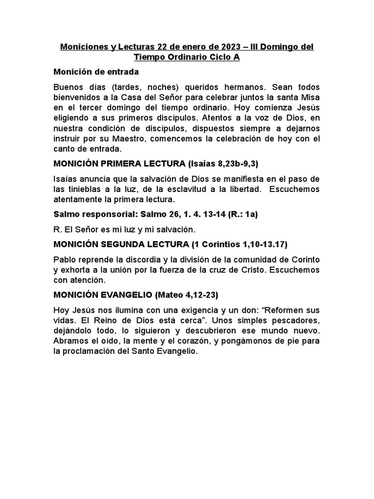 Moniciones y Lecturas 22 de Enero de 2023 | PDF | Misa (liturgia) | eucaristía