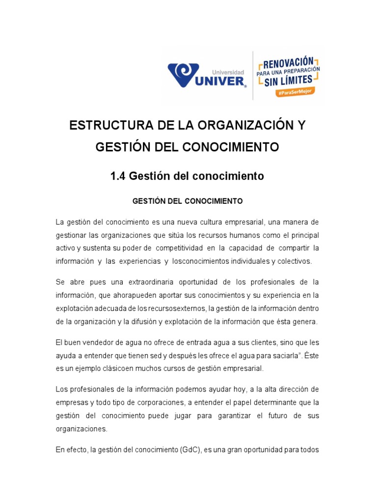 1.4 Gestión Del Conocimiento | PDF | Conocimiento administrativo | Gestión de recursos humanos