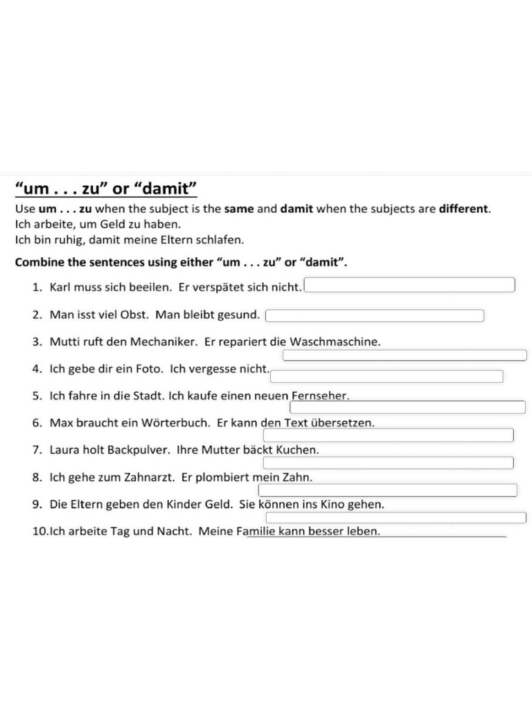 Um Zu Und Damit Aufgabe 1 | PDF