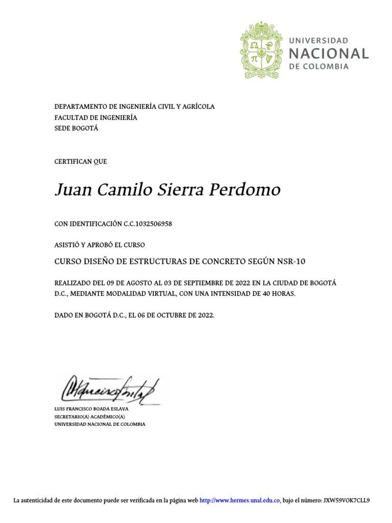 Certificado Diseño de Estructuras de Concreto Según NSR-10 | PDF