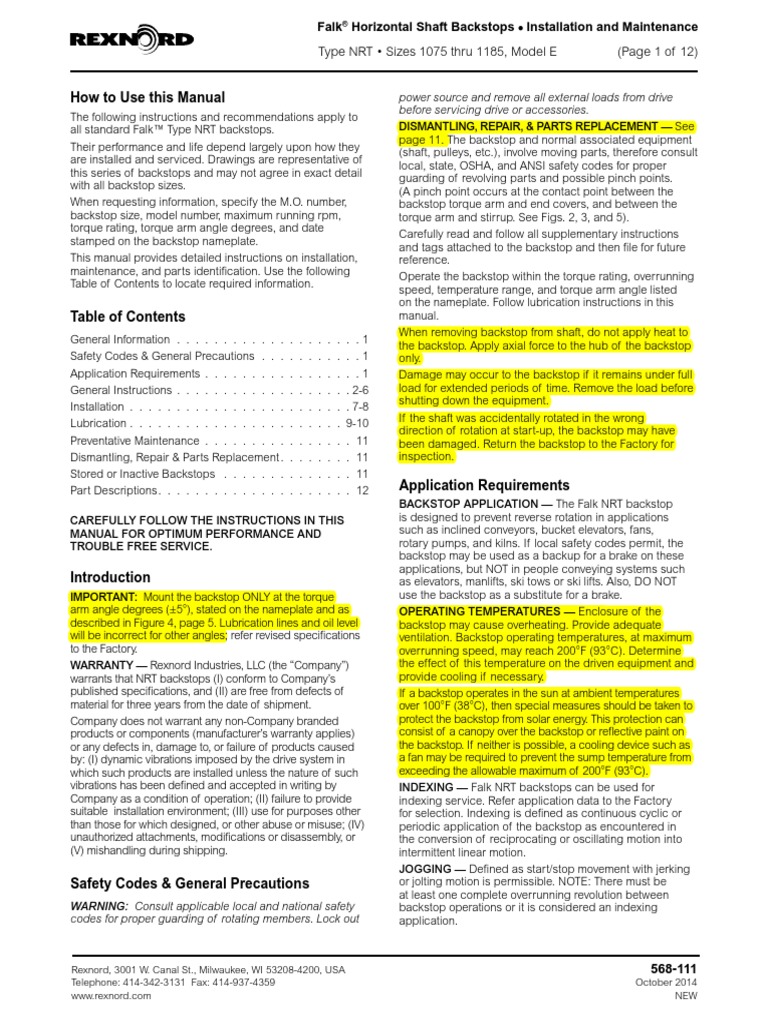 FALK NRT Model E Backstops | PDF | Bearing (Mechanical) | Engineering ...