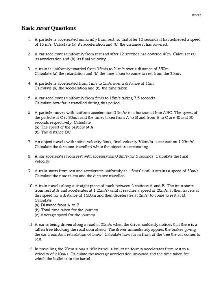 SUVAT Practice Questions and Solutions | PDF | Acceleration | Speed