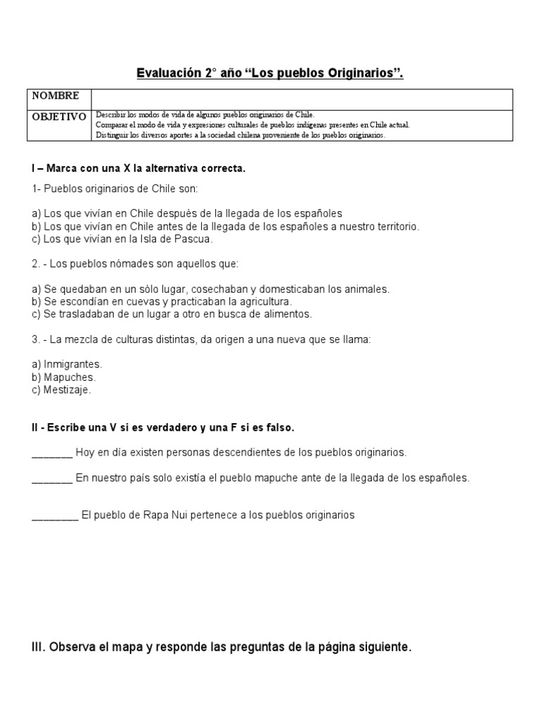 Evaluación 2° PUEBLOS ORIGINARIOS | PDF | Viajes y turismo | Historia