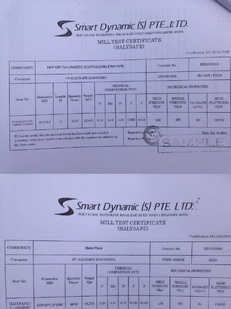 Mill Cert Scaffold Rendez & Halysafe | PDF