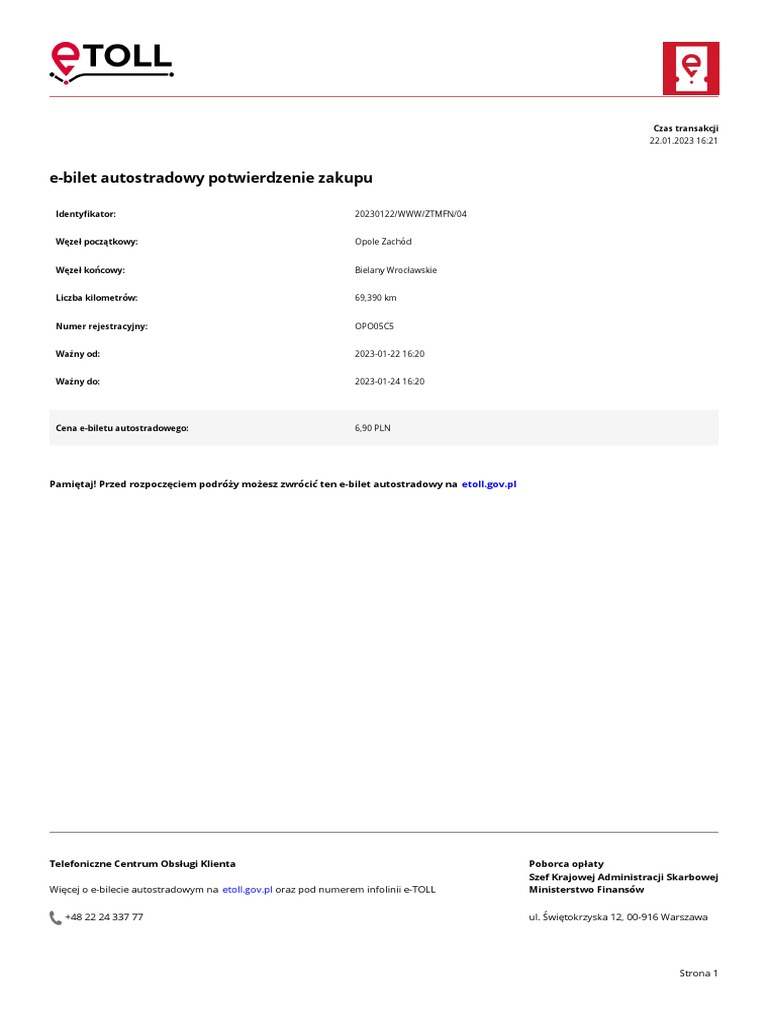 E-Bilet Autostradowy 30000000000994770 | PDF