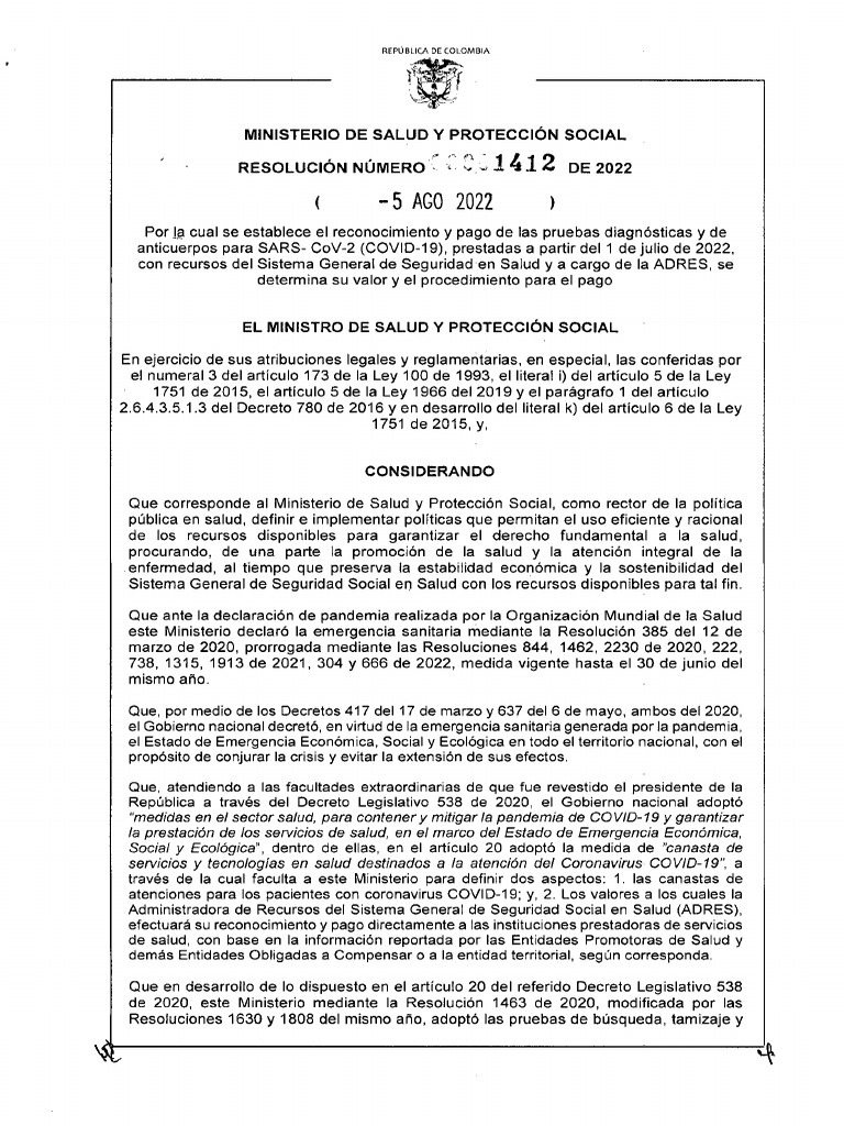 Resolución No. 1412 de 2022 | PDF | Anticuerpo | Bienestar