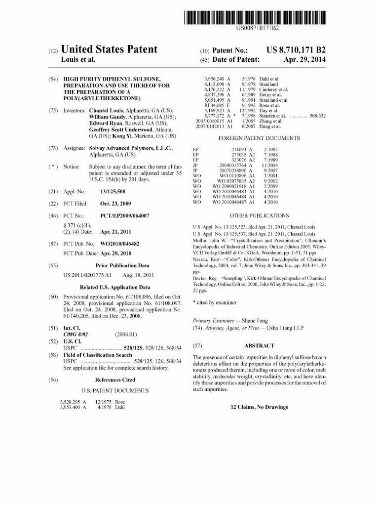 US8710171High-purity Diphenyl Sulphone (DPS), Its Preparation and The ...
