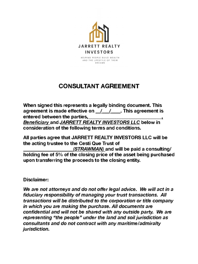 Consultant Agreement for Jarrett Realty Investors LLC to Act as Trustee ...