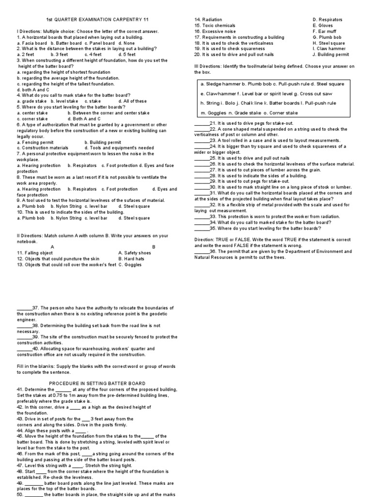 Carpentry 11: 1st Quarter Exam Guide | PDF