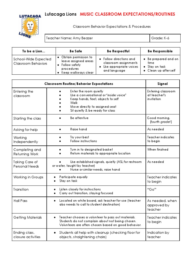 Music Classroom Behavior Expectations Procedures Example | PDF