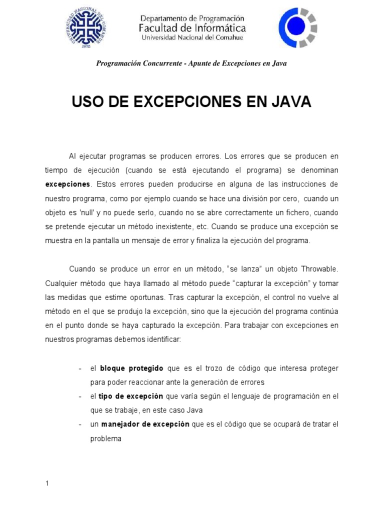 ApunteExcepcionesJava 2020 | PDF | Java (lenguaje de programación) | Programa de computadora