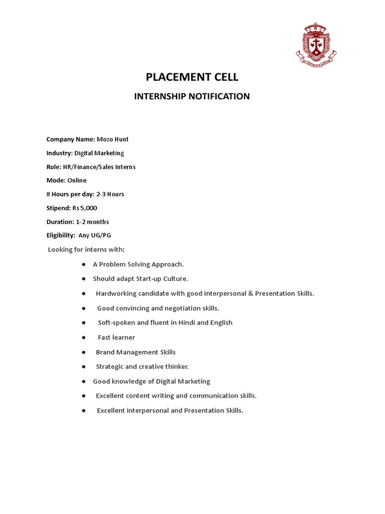 Mozo Hunt Internship Opportunities | PDF | Marketing | Social Media