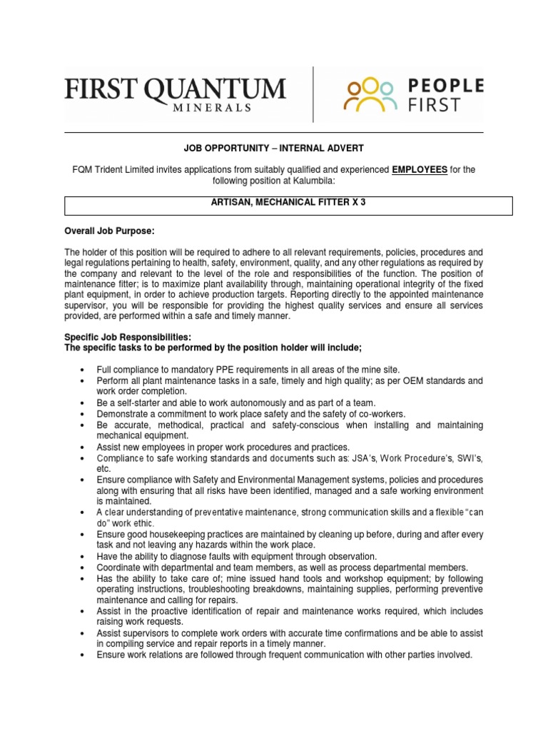 Internal Advert - Artisan Mechanical Fitter | PDF | Regulatory ...