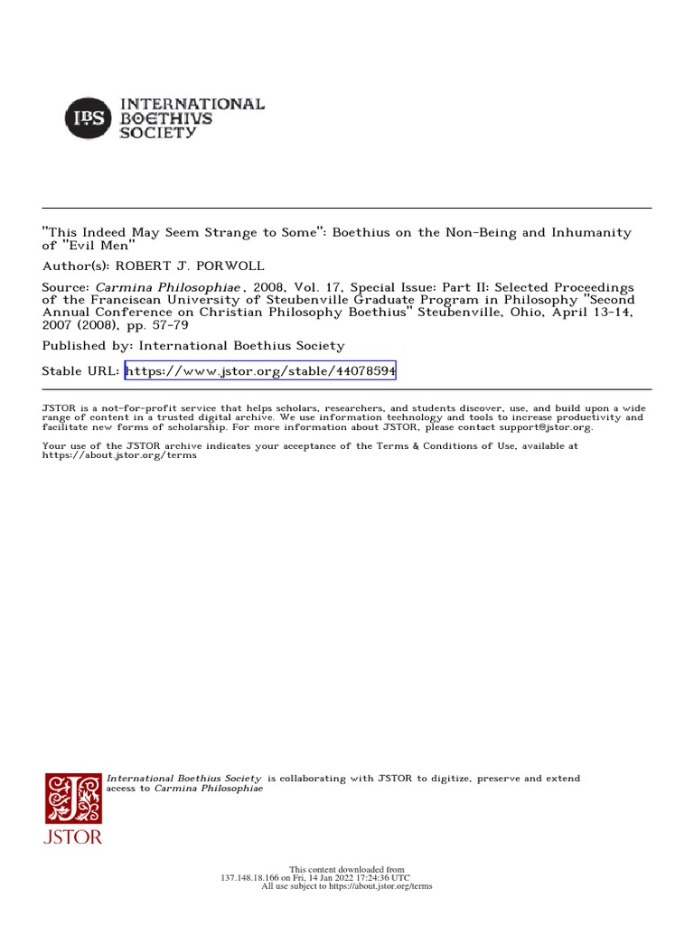 Porwoll - Boethius On The Non-Being and Inhumanity of Evil Men | PDF ...
