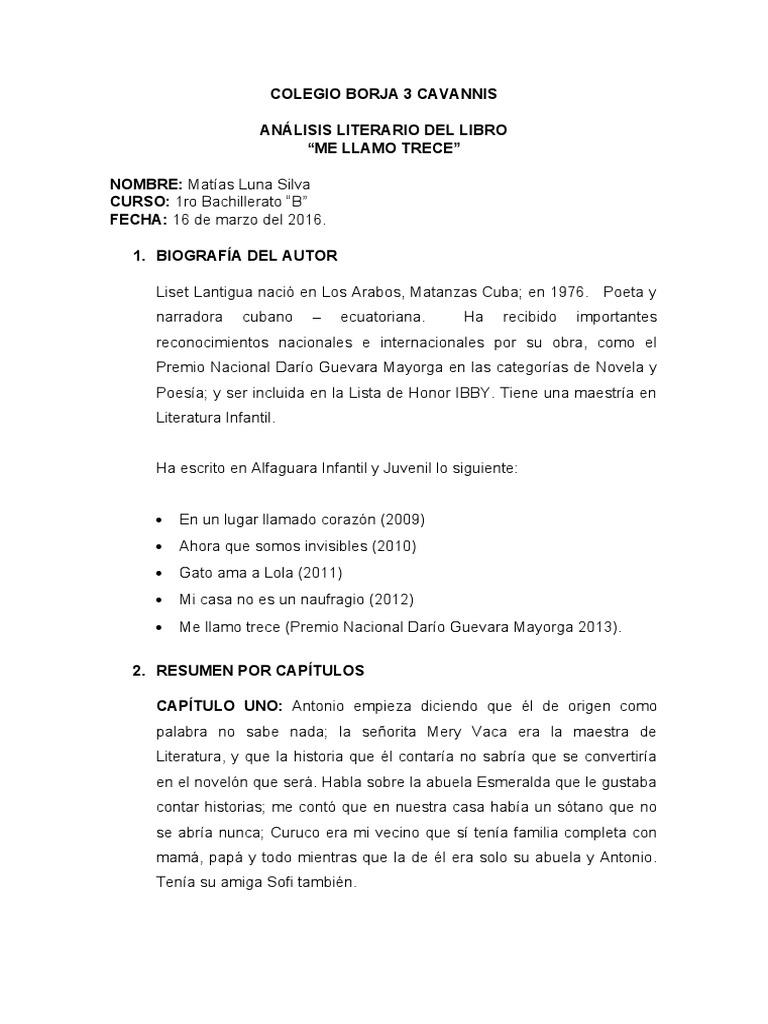 Análisis Literario Del Libro Me Llamo Trece | PDF