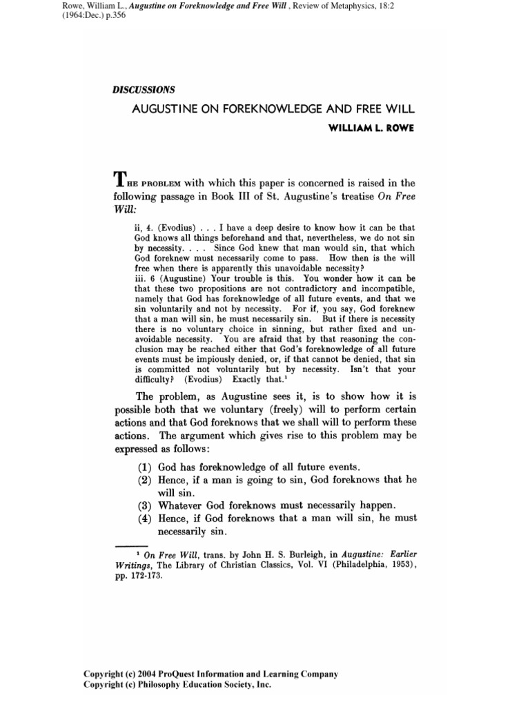 Rowe - Augustine On Foreknowledge and Free Will | PDF