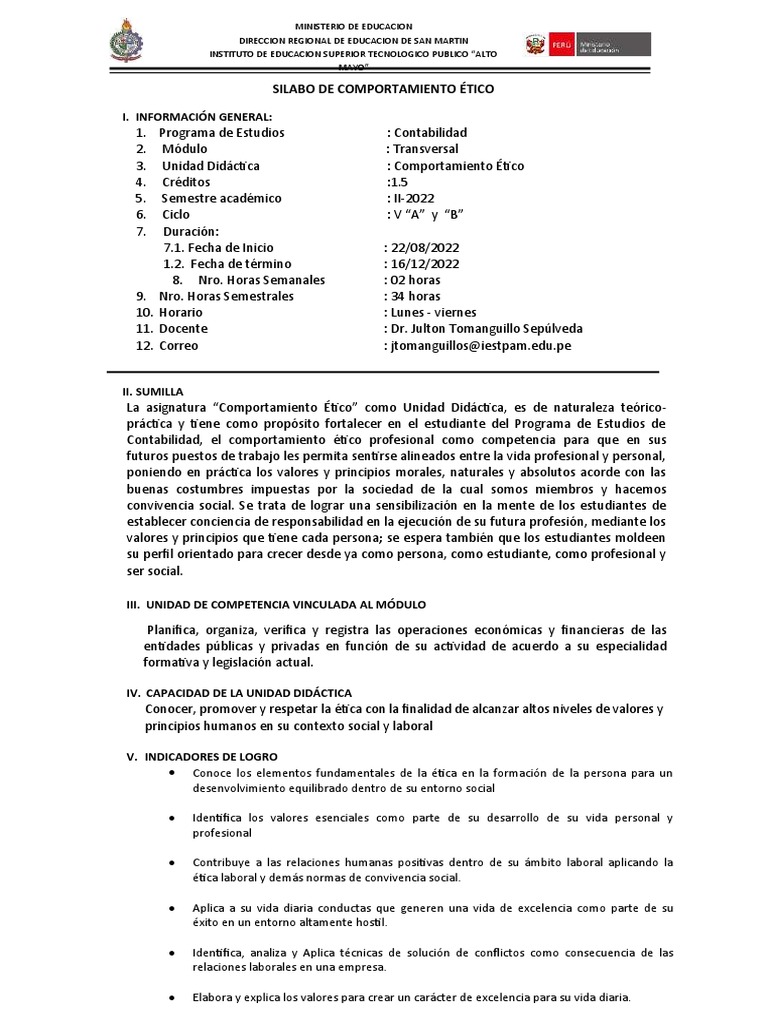Sìlabo de Comportamiento Ètico Original 1 | PDF | Aprendizaje | Educación más alta