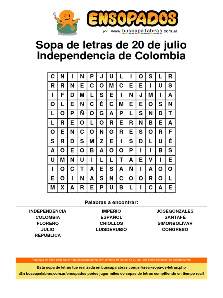 Sopa de Letras de 20 de Julio Independencia de Colombia | PDF
