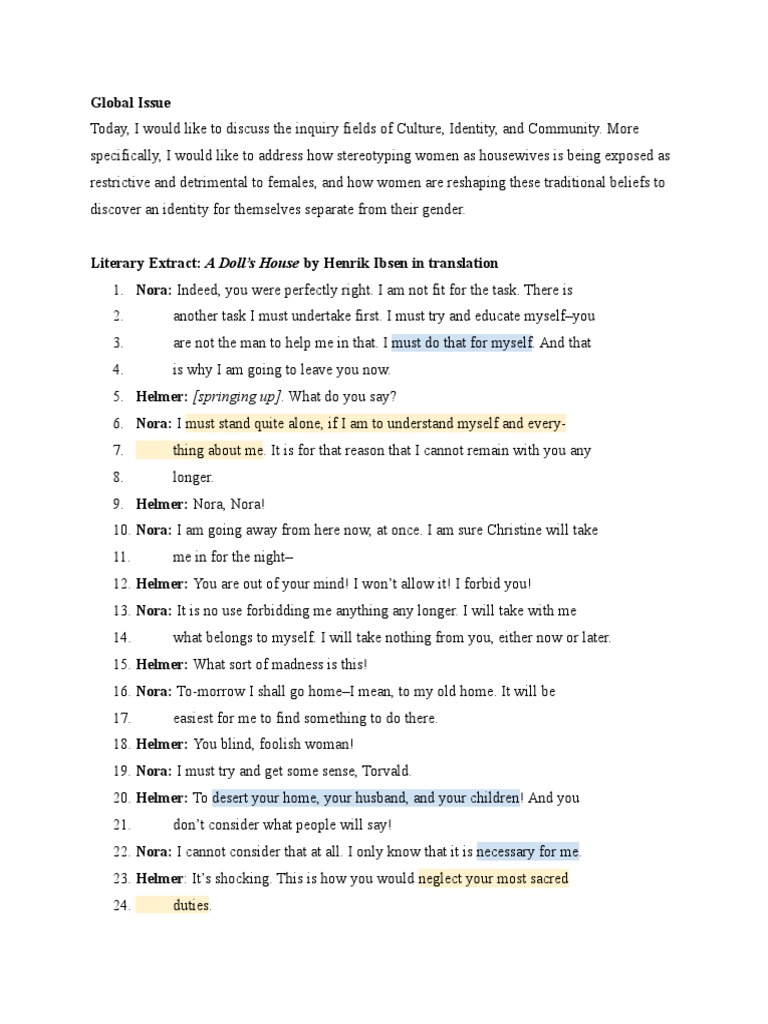 Io Statements On Global Issue And Extracts Pdf A Dolls House 