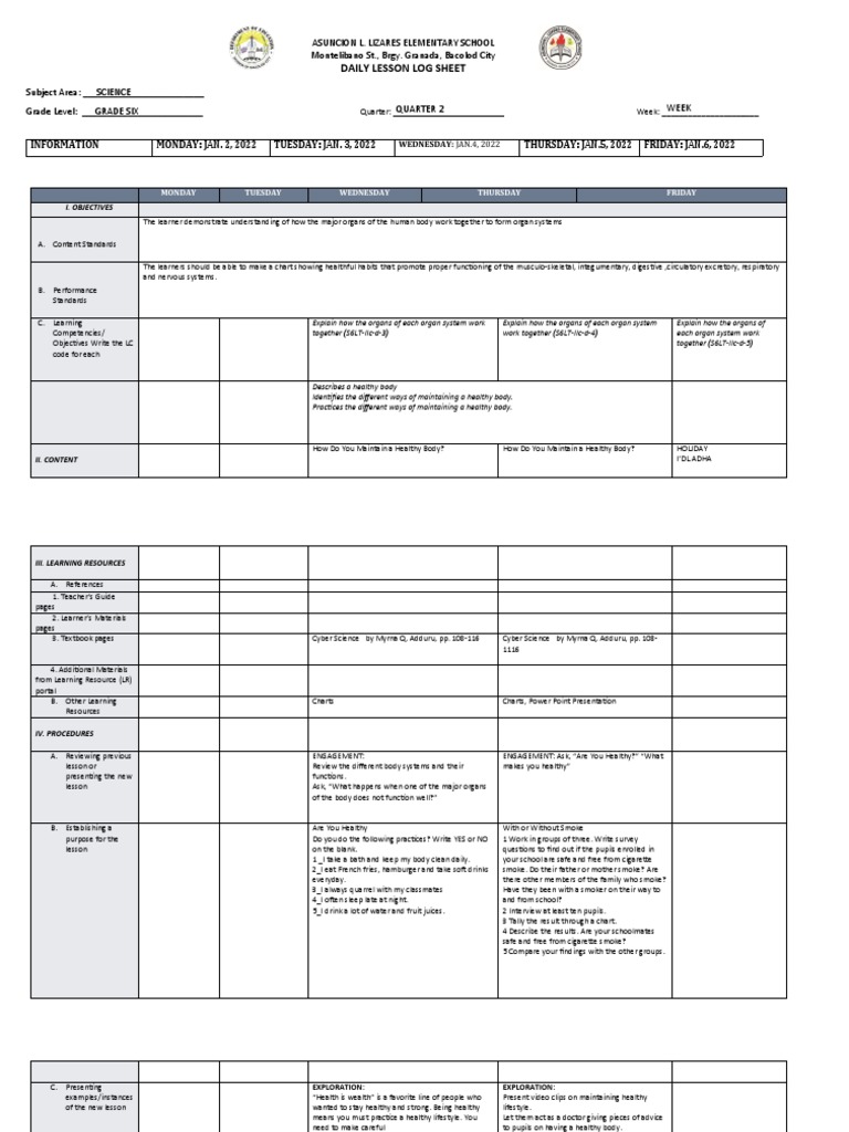 Daily Lesson Log Week 6 Qtr2 | PDF | Nervous System | Central Nervous System