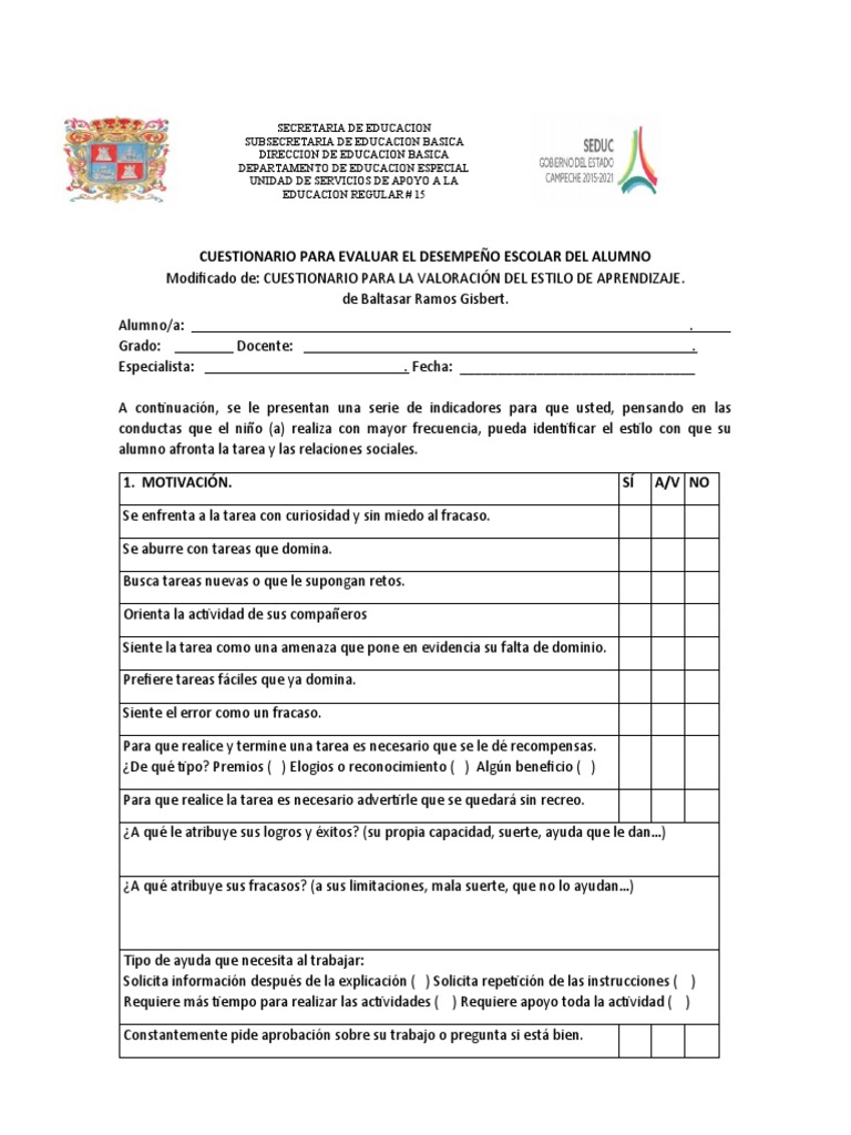 Cuestionario para Evaluar El Desempeño Escolar Del Alumno | PDF ...