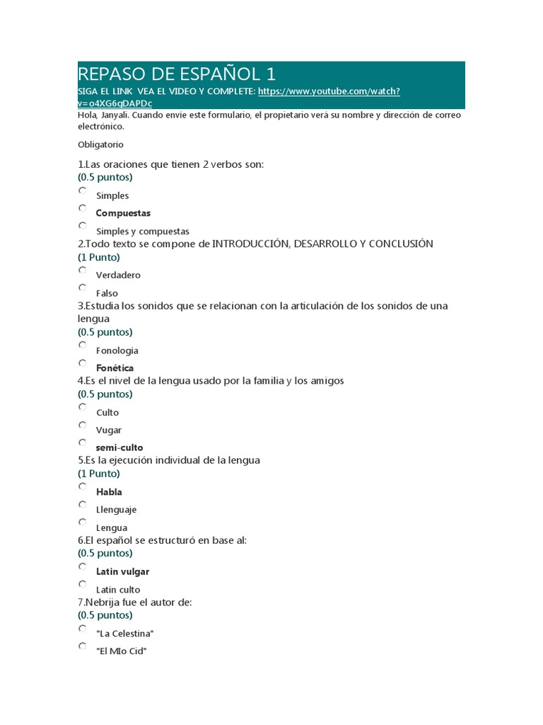 Repaso de Español 1: Ejercicios y Preguntas | PDF | Estudios de idiomas ...