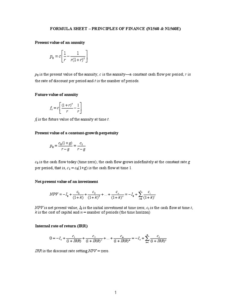 Finance Formula Sheet for MS Word | PDF | Net Present Value | Internal ...