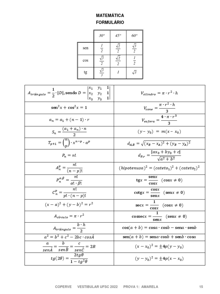 Matemática Formulário: Coperve Vestibular Ufsc 2022 Prova 1: Amarela 15 | PDF | Triângulo | Círculo