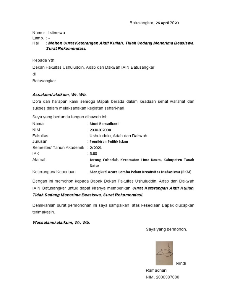 Format Surat Permohonan Aktif Kuliah Rindi 2 | PDF