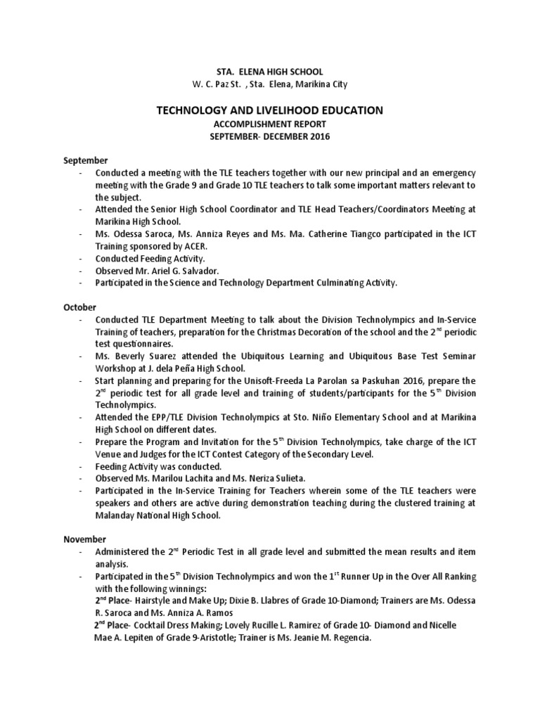 Tle Report Sept Dec Pdf