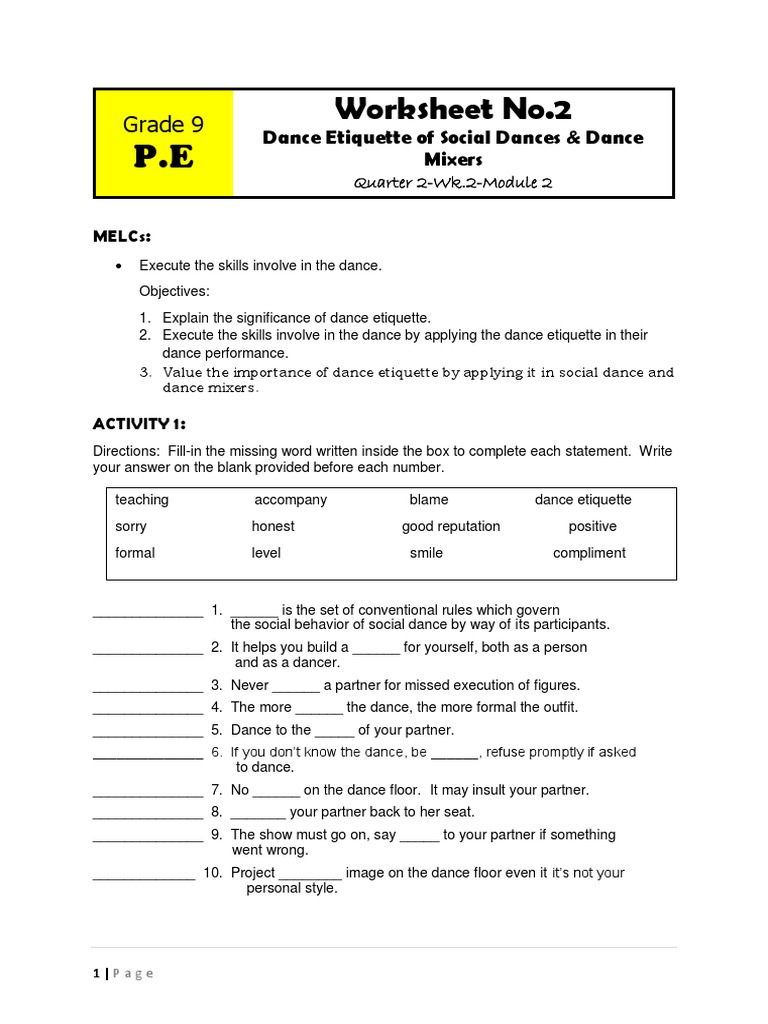Grade 9 Dance Etiquette Worksheet | PDF | Dress | Clothing