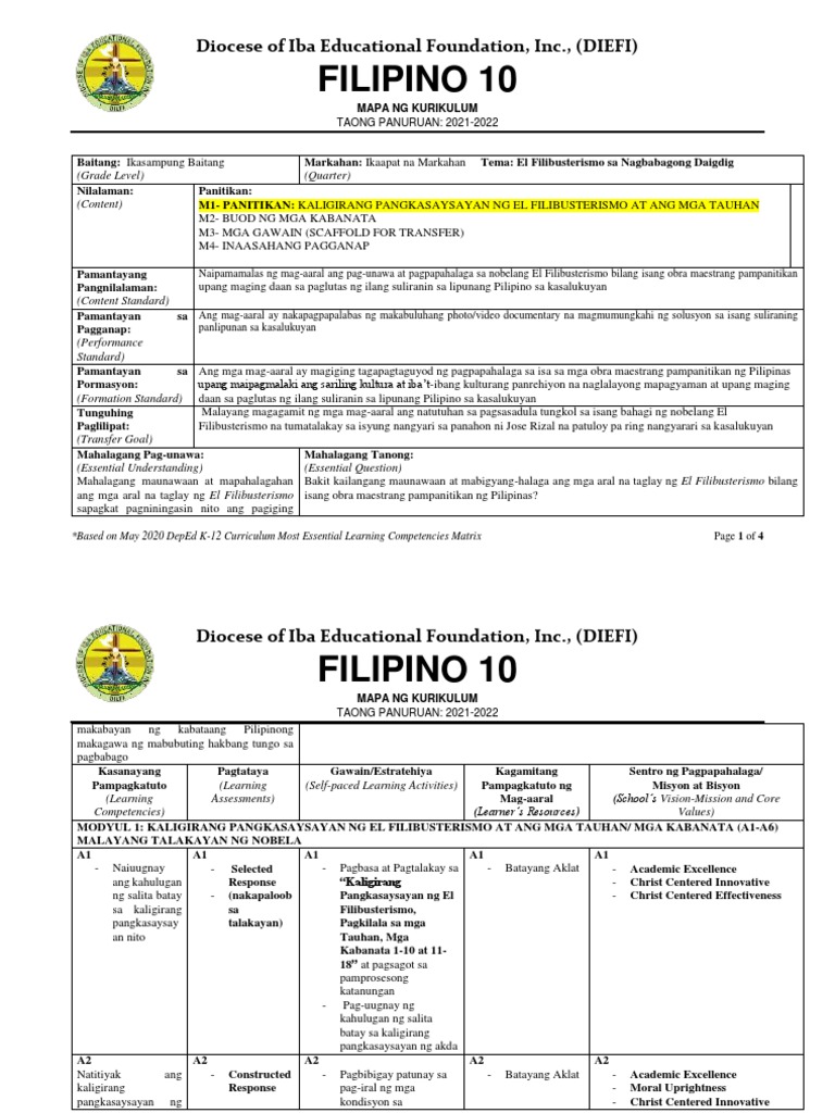Filipino 10: Diocese of Iba Educational Foundation, Inc., (DIEFI) | PDF