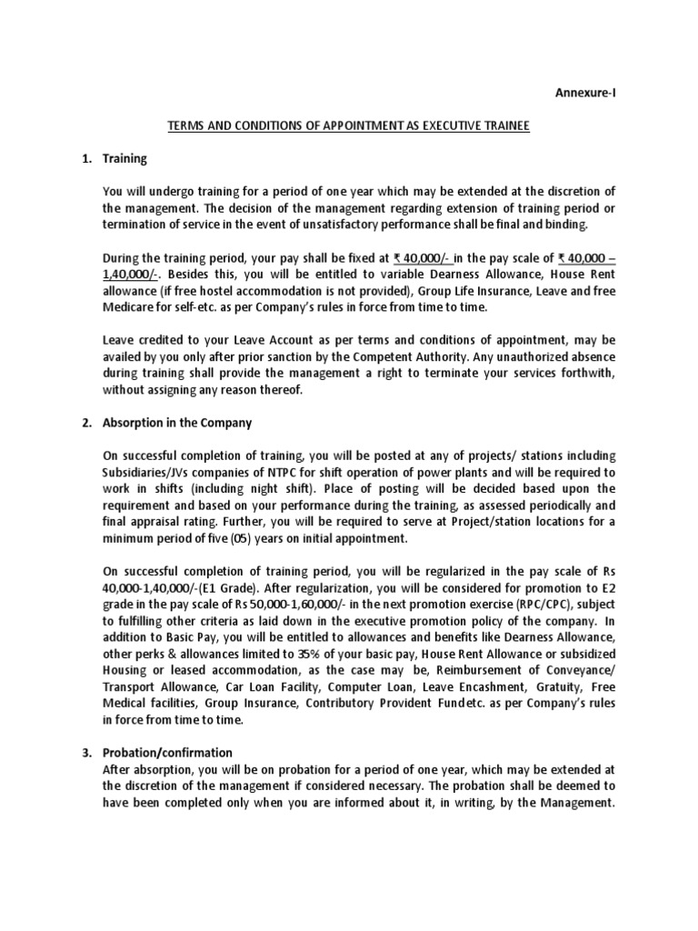 Annexure-I Terms & Conditions of Appointment | PDF | Surety | Employee ...
