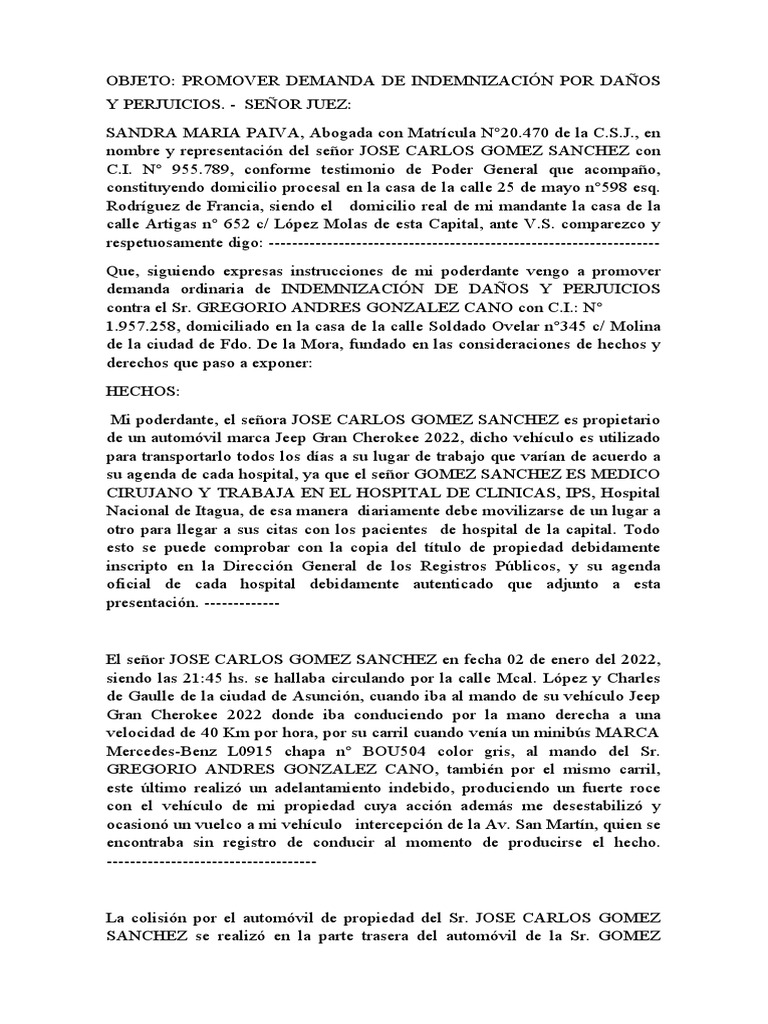 2 - Escrito Modelo de Demanda Por Daños y Perjuicios | PDF | Daños y perjuicios | Vehículos