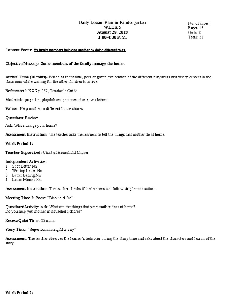 Daily Lesson Plan in Kindergarten | PDF | Teachers | Lesson Plan