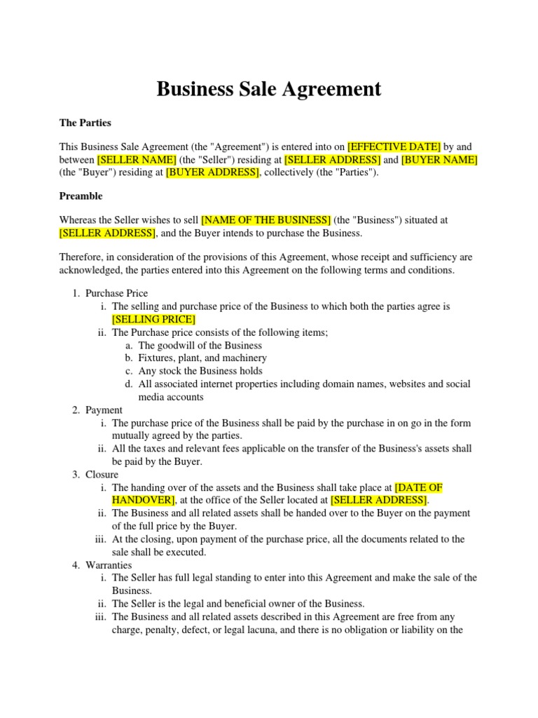 Business Sale Agreement | PDF | Business | Sales