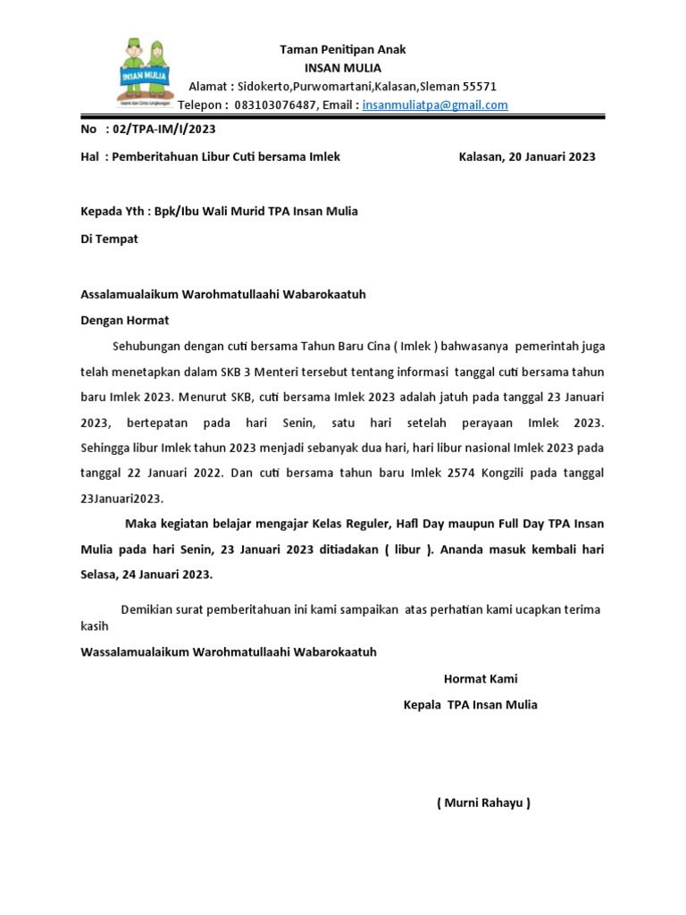 Surat Pemberitahuan Libur Imlek 2023 | PDF