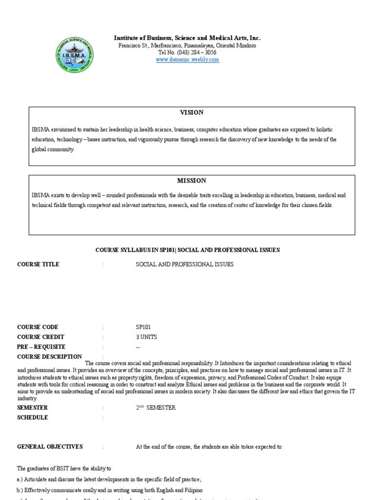 Social and Professional Issues Syllabus | PDF | Corporate Social ...