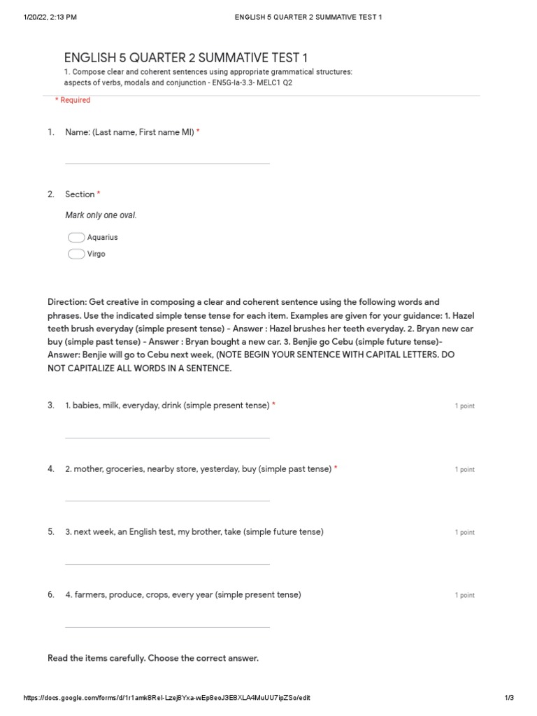 ENGLISH 5 QUARTER 2 SUMMATIVE TEST 1 - Google Forms | PDF | Grammatical ...