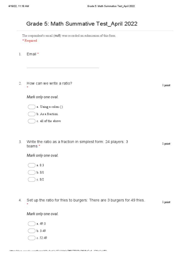 Grade 5 Math Ratios & Proportions Test | PDF | Ratio | Mathematics