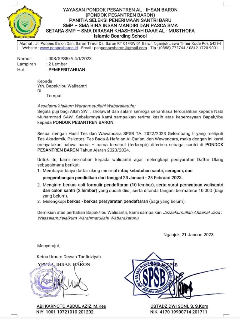 Pengumuman Hasil SPSB Gel II TA 2023-2024 Ponpes Baron | PDF